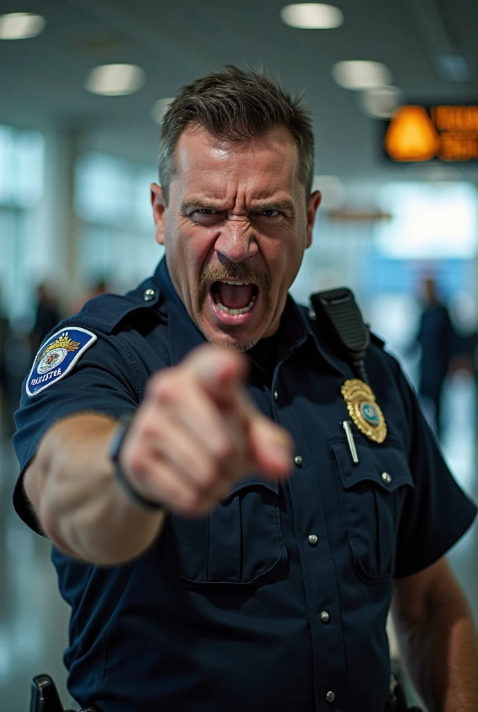 A mid-shot portrait of an angry male police officer from the waist up ...