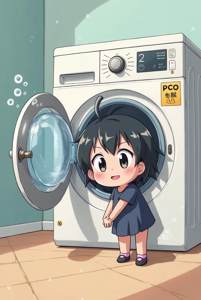 Manga cartoon character watching a washing machine - SeaArt AI