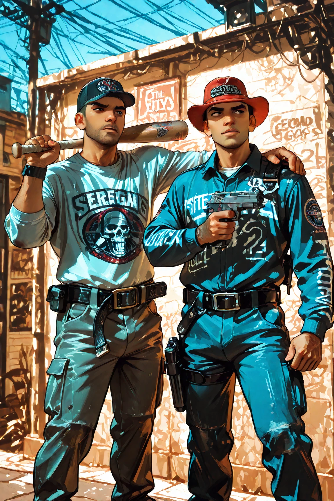 Two guys, Hispanic appearance, street gang members, one is holding a ...