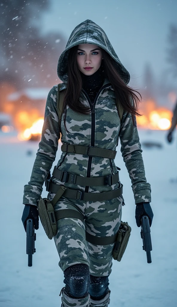 A deadly female assassin moves through a frozen battlefield, wearing a ...