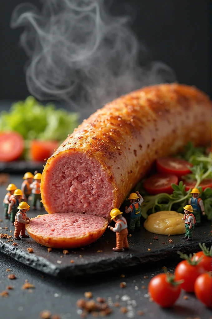 The big sausage shines shiny、is crispy baked。the miniature workers wear yellow h - SeaArt AI