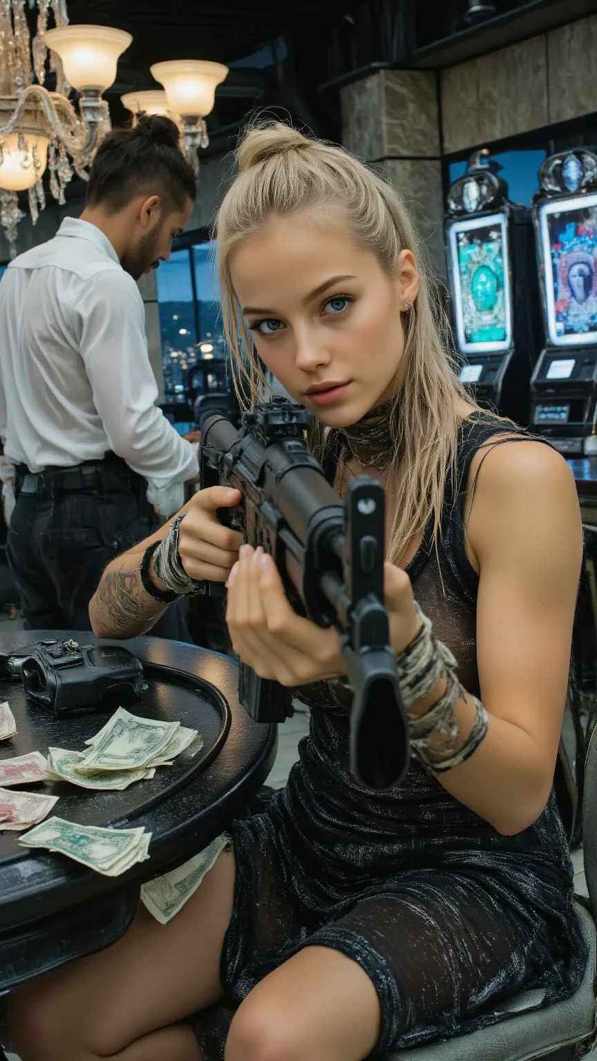 A cunning female gangster, mid-30s, with a fierce glare, positioned ...