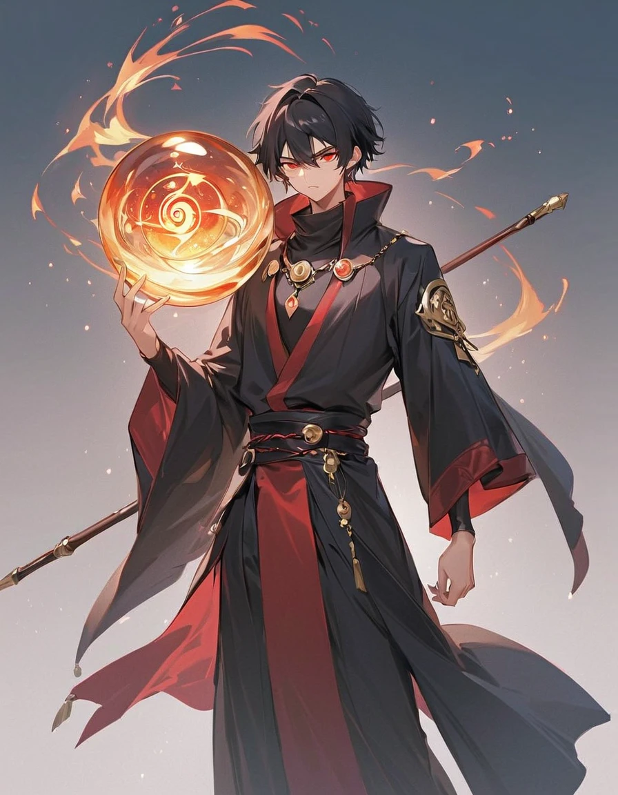 A young demigod wizard man with medium black hair, tall and thin body ...