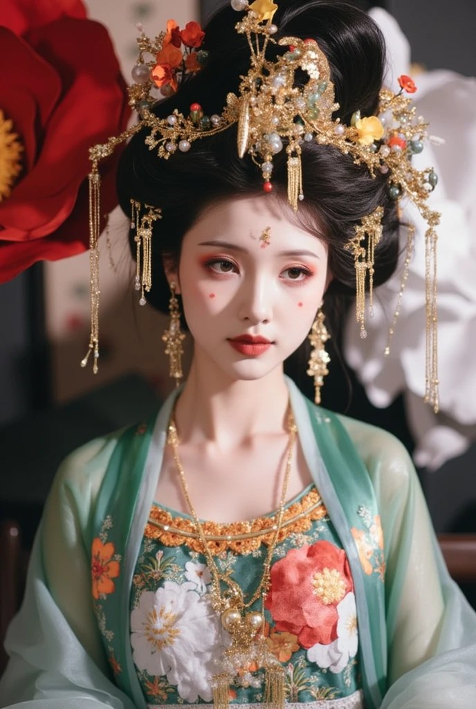 The image shows a woman dressed in stunning traditional Chinese attire ...