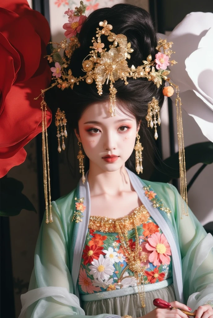 The image shows a woman dressed in stunning traditional Chinese attire ...
