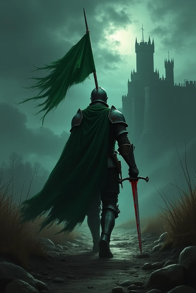 Can you draw a knight walking alone to a castle with a green flag on ...