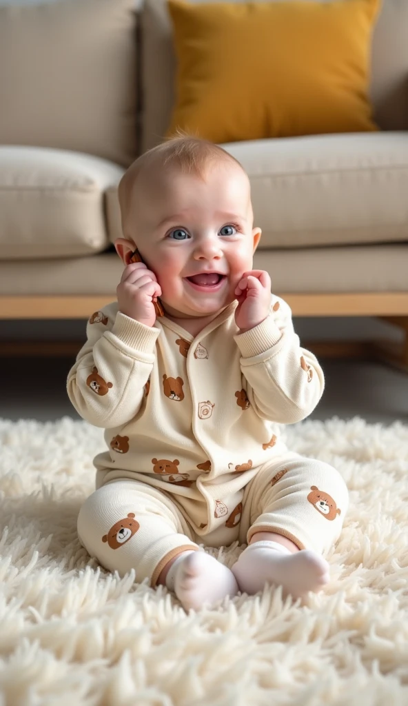 The image shows an adorable baby sitting on a soft and fuzzy carpet of ...