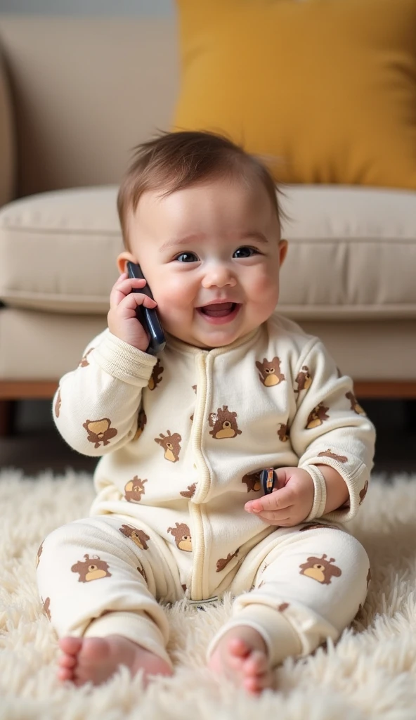 The image shows an adorable baby sitting on a soft and fuzzy carpet of ...