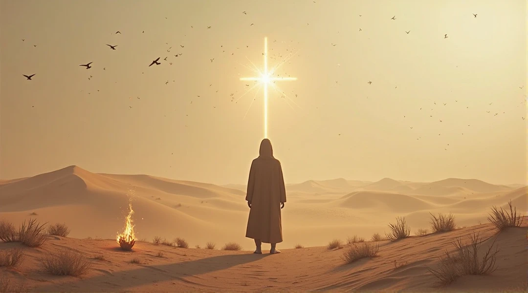 A person alone in a desert, with spiritual symbols (cross, dove - SeaArt AI