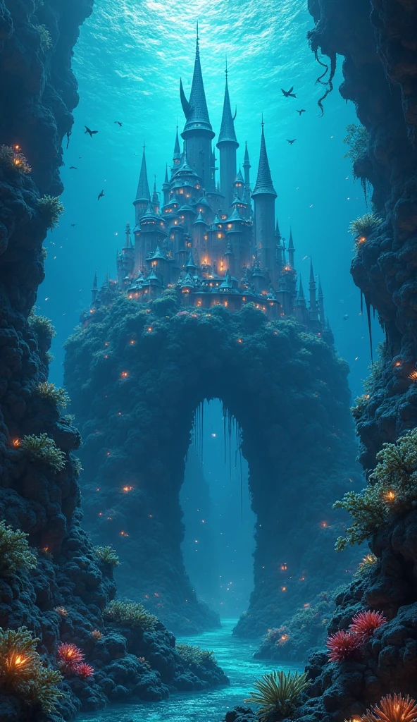 Submerged underwater kingdom with a big castle with kingdom houses ...