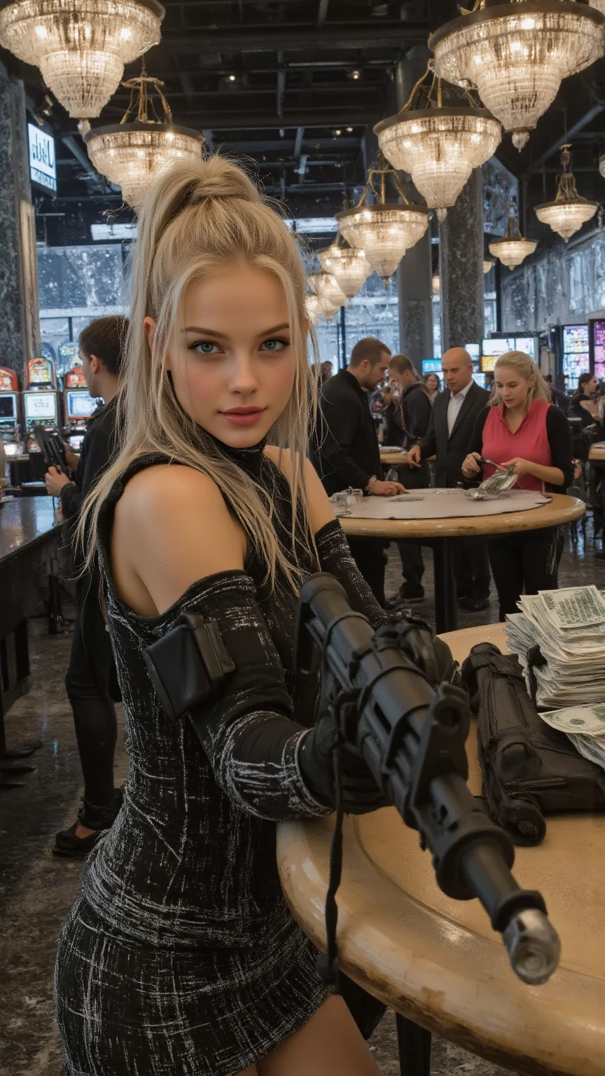 A cunning female gangster, mid-30s, with a fierce glare, positioned ...