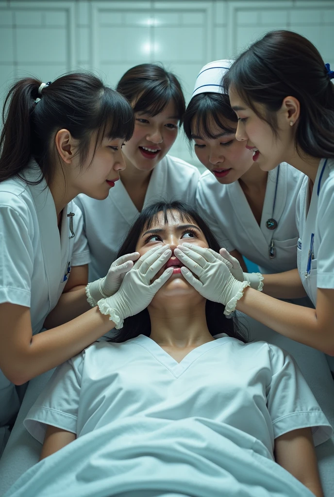 Nurse girls wearing gloves place hand over patient mouth and patient ...