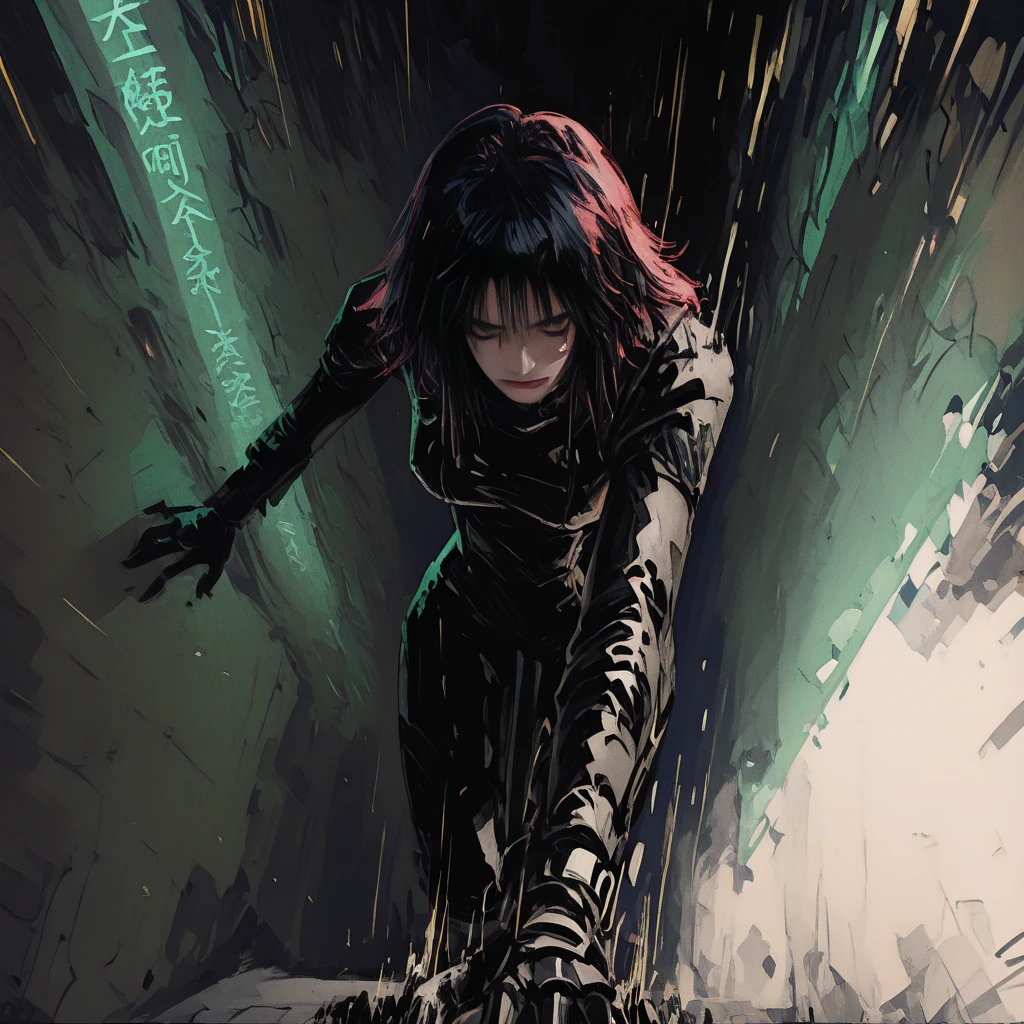 a beautiful long messy hair kunoichi woman in a cloaked futuristic suit ...