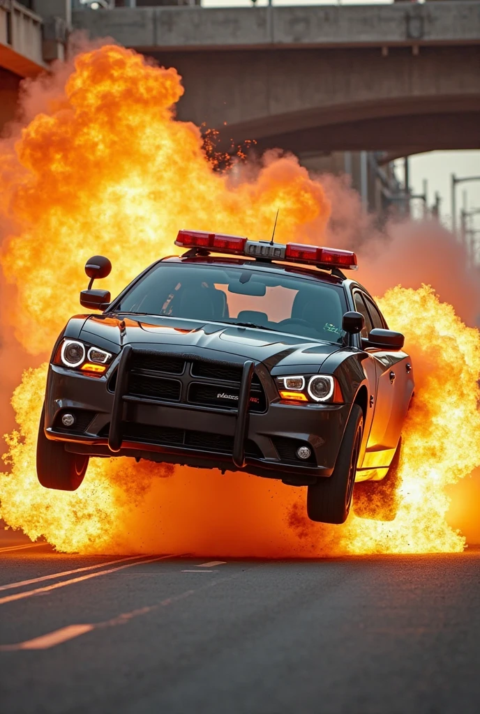 A dark-colored police car, mid-air, surrounded by intense flames ...