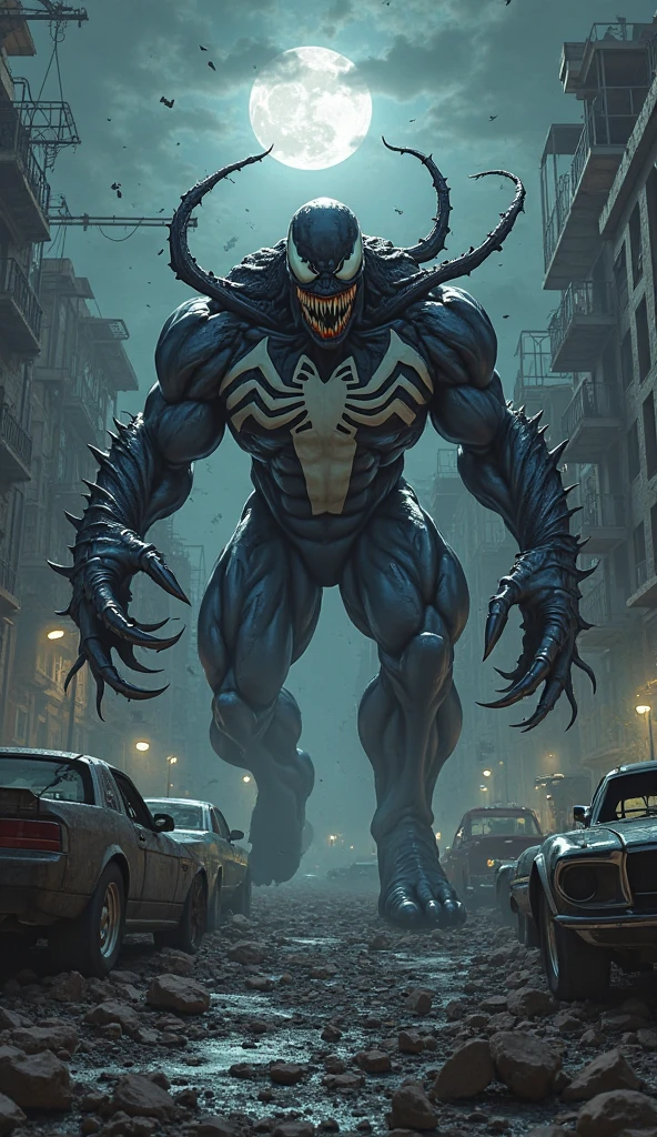 Broken cars and shattered streetlights in the background, with Venom ...