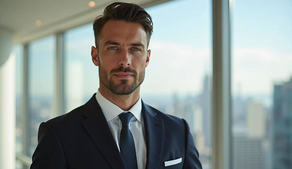 A well-dressed, handsome man in his early 30s stands confidently in a ...