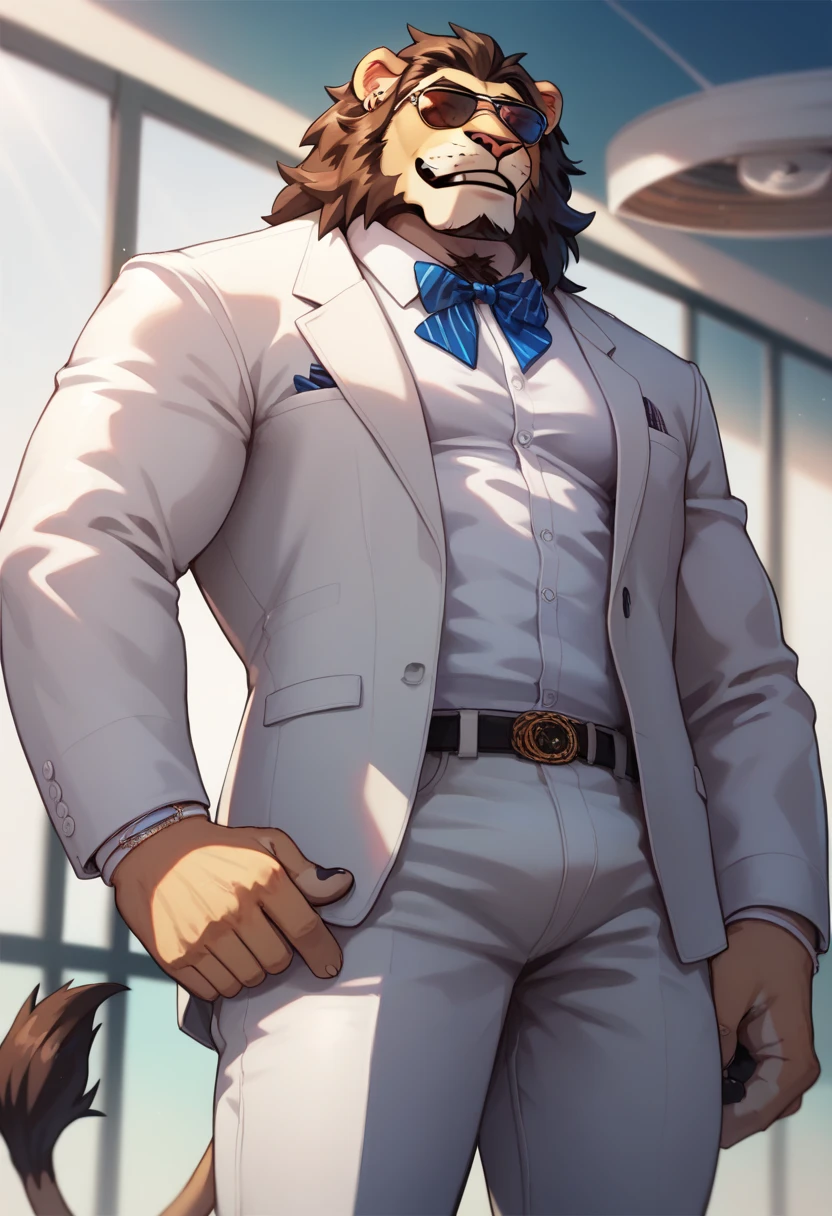 Furry lion,, wearing a white suit, buldge in pants, sunglasses - SeaArt AI