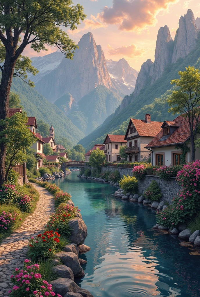 A small village by the river, mountains in the background, colorful ...