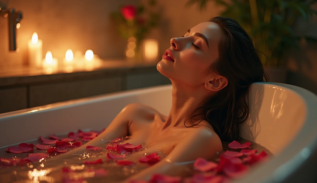 Realistic photo of an attractive woman relaxing in a modern bathtub filled with - SeaArt AI