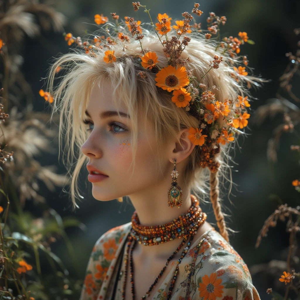 Pixie cut beads on her blond hair dreadlocks flowers. Nomad lives ...