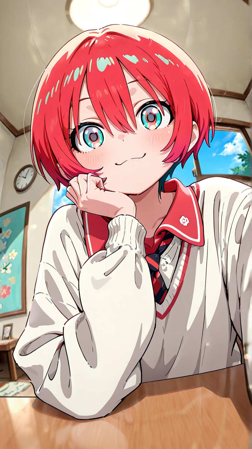 GQuX-amate_ゆずりは, 赤い髪, multicolo赤い髪, 短い髪, アクアの目, 色とりどりの目 - SeaArt AI