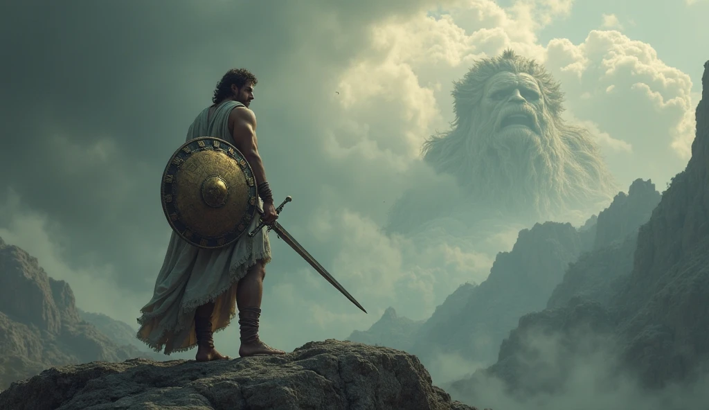 Greek hero Perseus standing on a rocky cliff under stormy skies - SeaArt AI