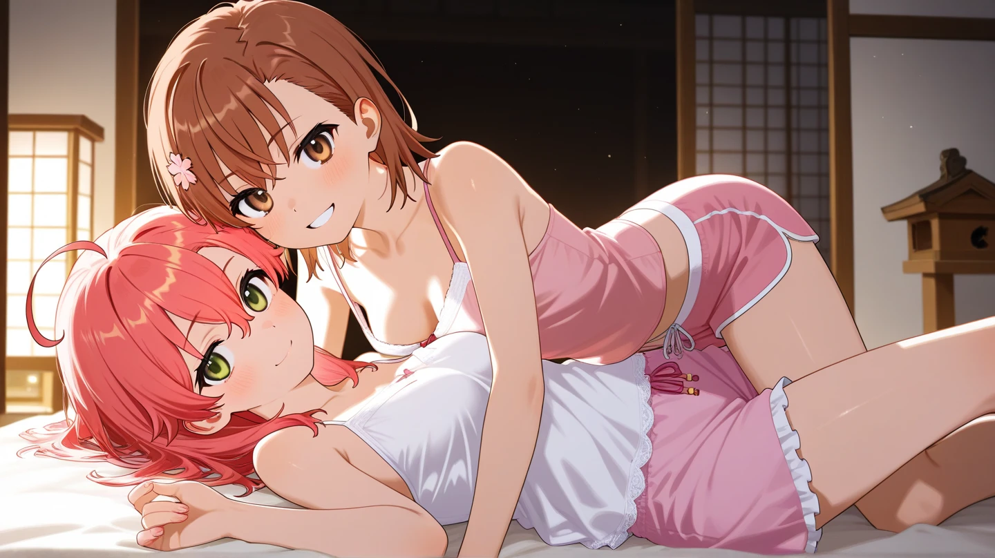 Shrine, smile, camisole, Misaka Mikoto, Sakura Miko, Duo, lying on the bed in - SeaArt AI