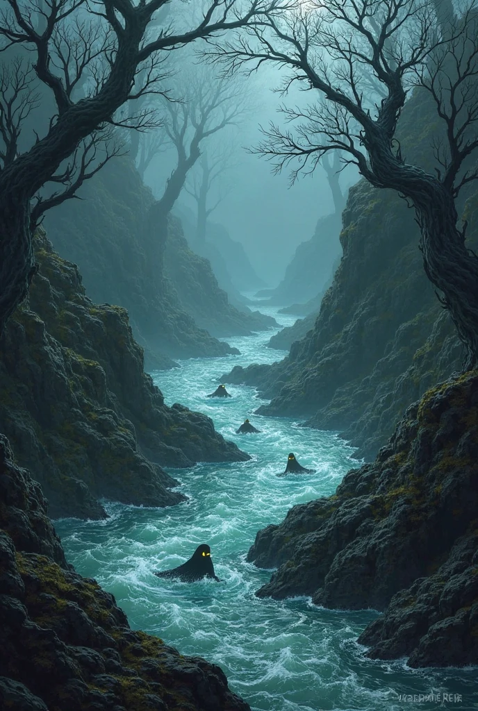 A picture of a winding river that is fraught with Zarhar - SeaArt AI