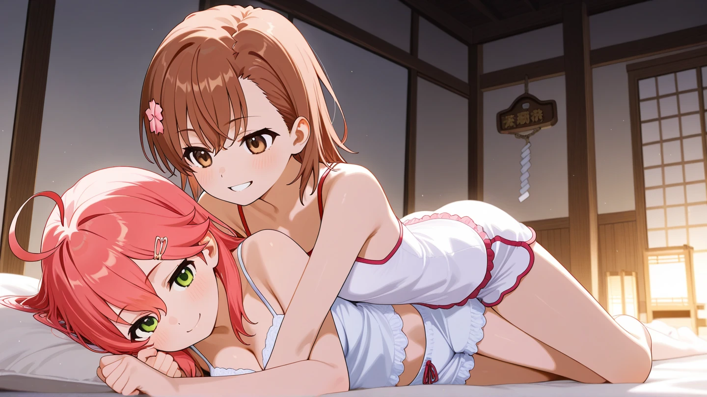 Shrine, smile, camisole, Misaka Mikoto, Sakura Miko, Duo, room - SeaArt AI