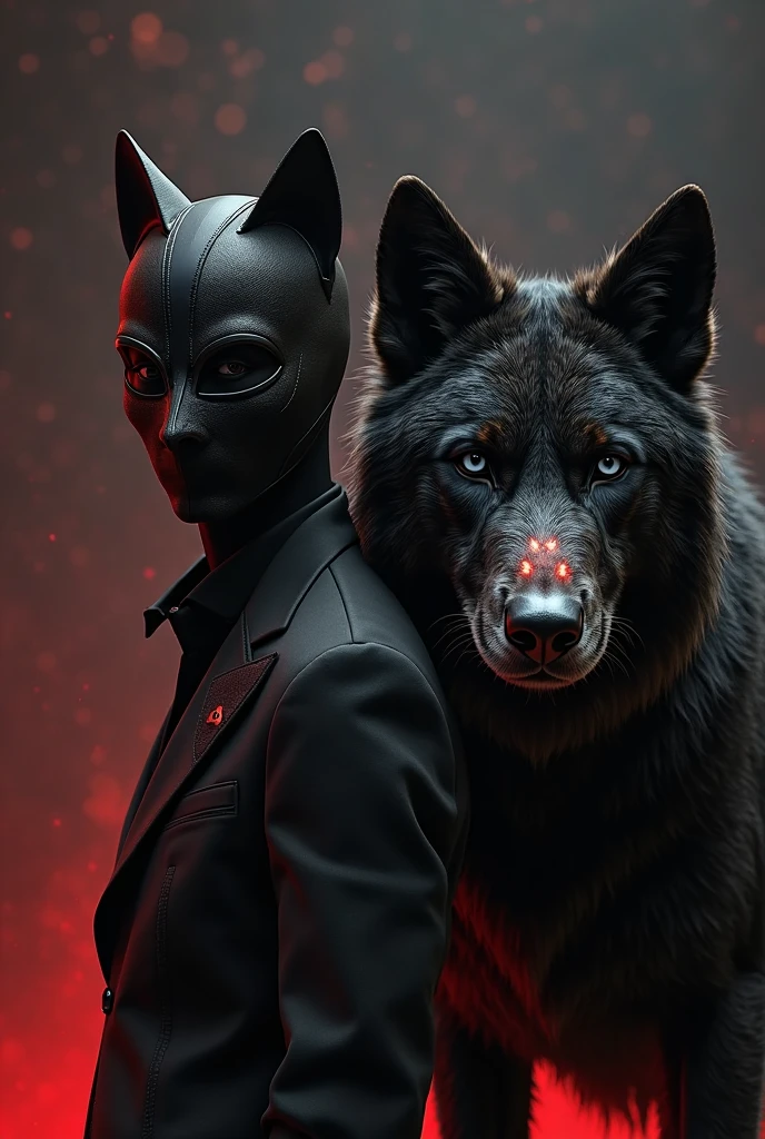 A masked luxury hacker is standing next to a fierce black wolf with a ...