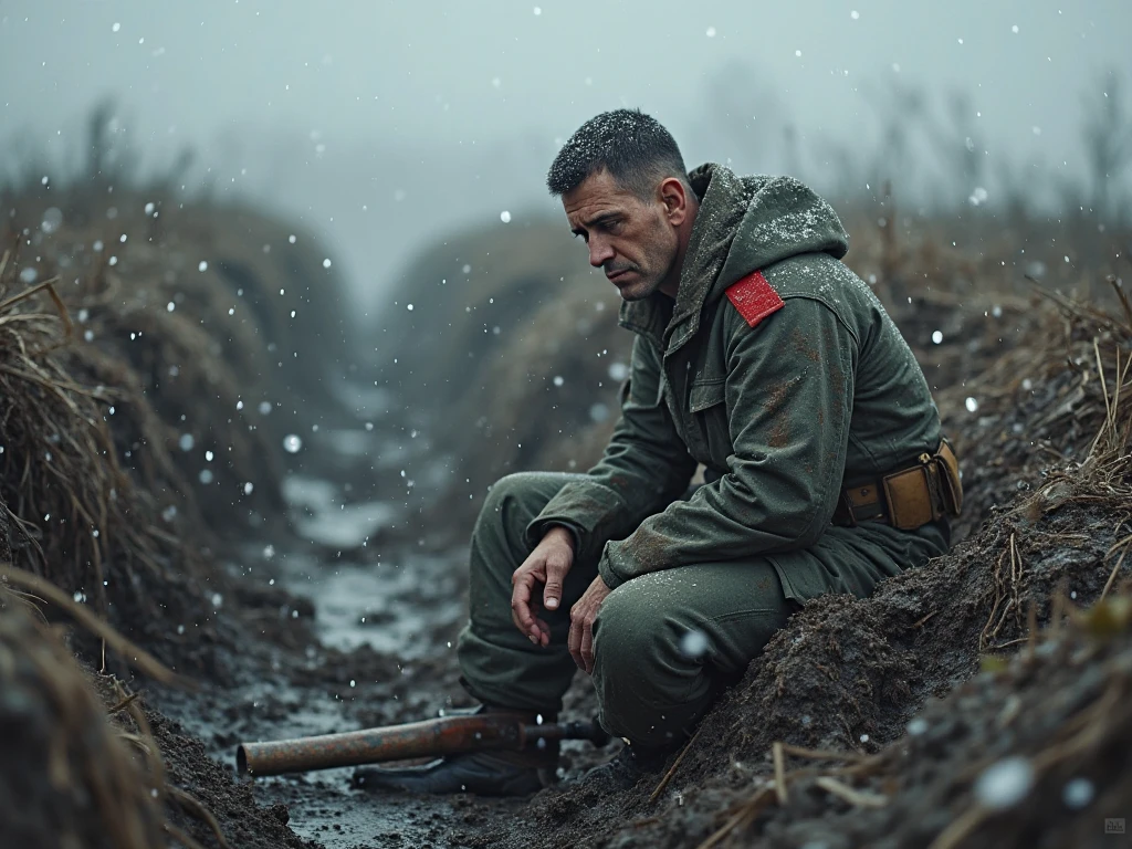 A tired Russian soldier, sitting alone in an empty trench, expression ...