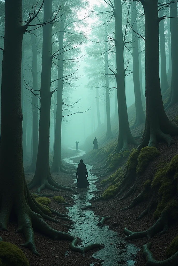 A mysterious forest slope where people appear tilted, strange angles in ...