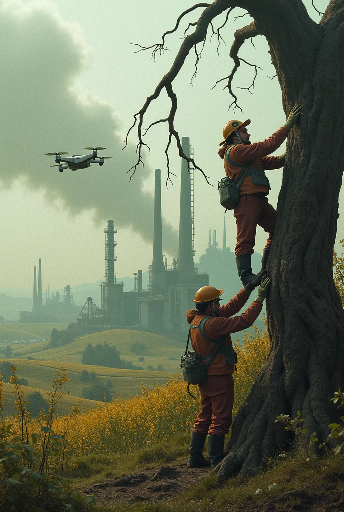 "A dystopian farm with drones pollinating flowers manually, humans ...