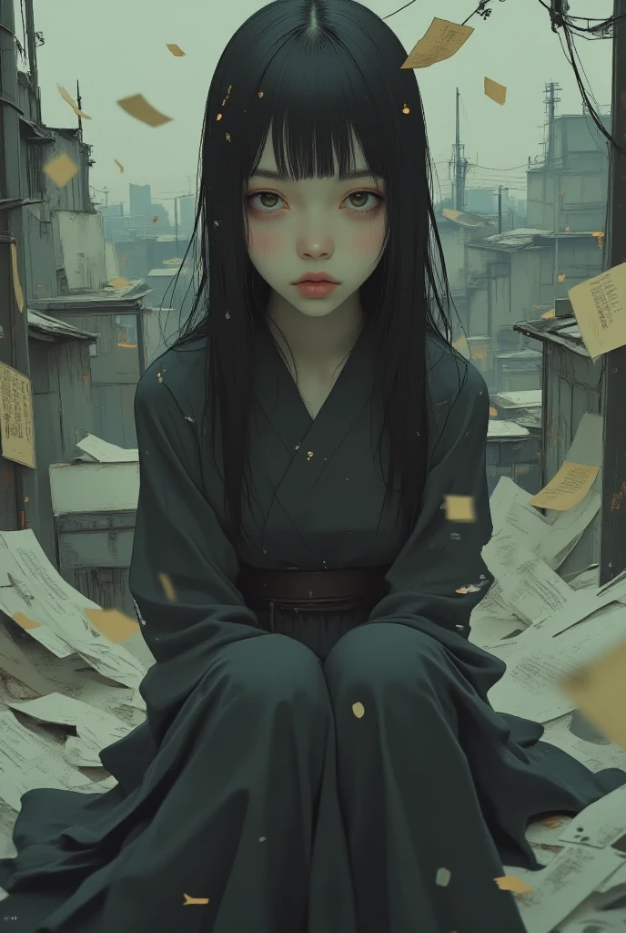 Japanese woman sitting on floor covered with lots of paper, Gwaiz ...