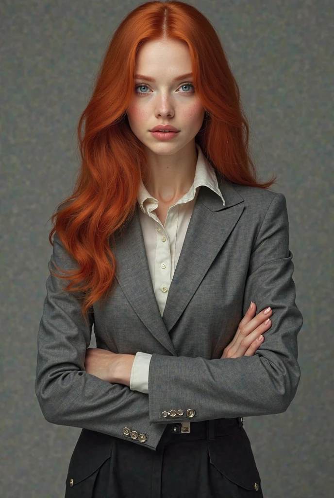 Woman redhead blue eyes gray jacket gray hair long sleeves roll up ...