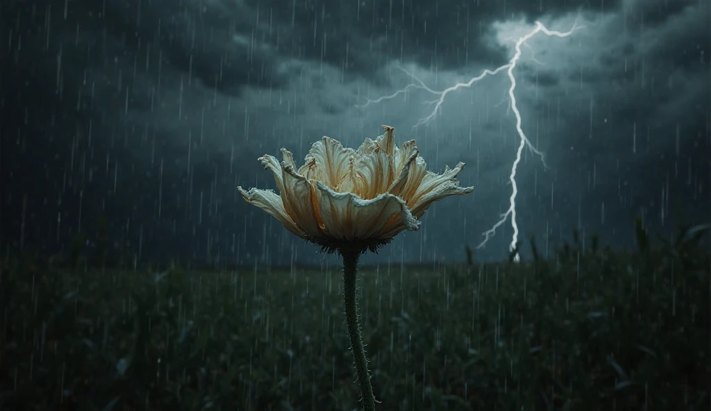 A wilting flower, fragile and drooping, with rain relentlessly pouring ...