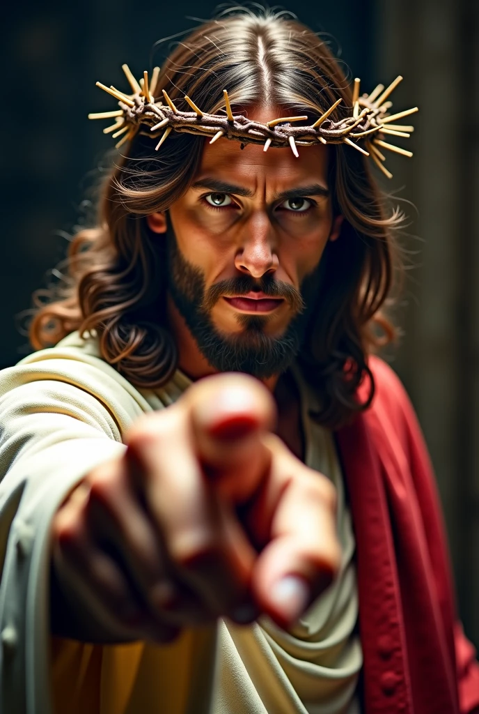 A realistic image of Jesus far in the distance, looking at the camera ...