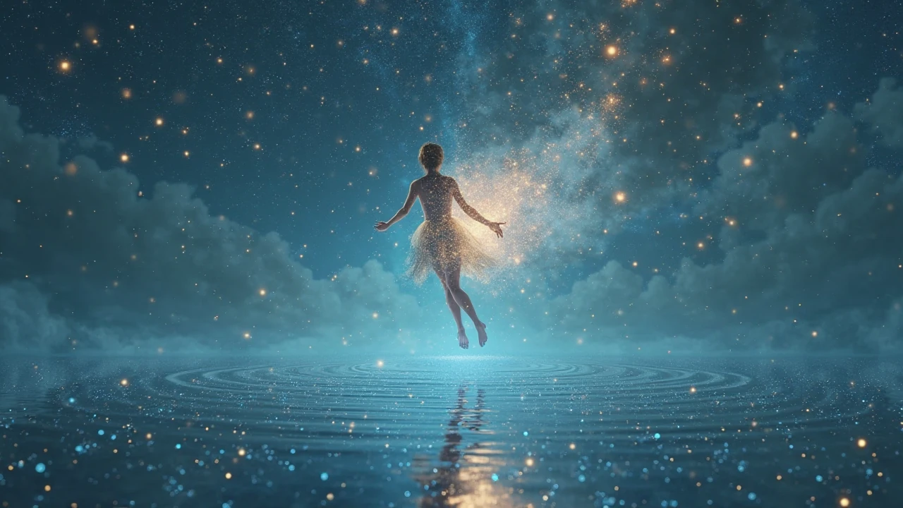 The dreamer floats above a vast ocean made of liquid stars. Their body ...