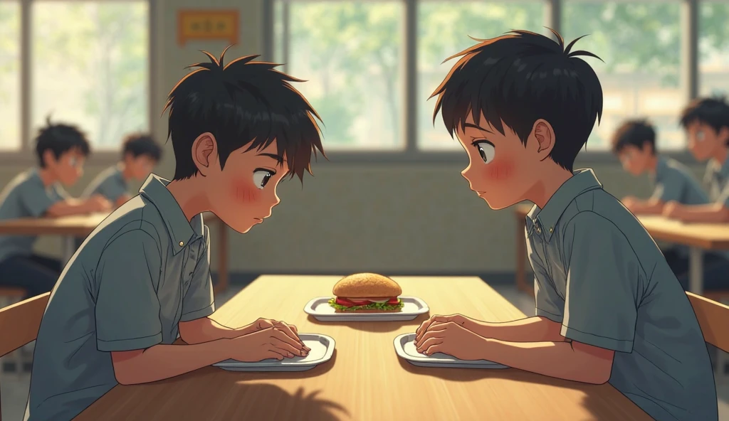 A 2D anime-style school cafeteria scene with a somber, emotional tone ...