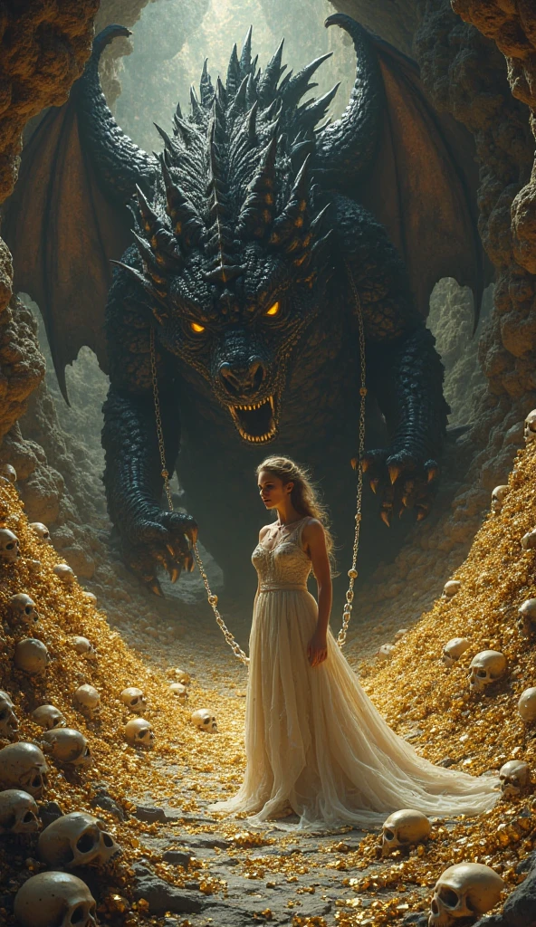 Princess,chained,to-a-black-dragon n-a-cave-full-of-gold-and - SeaArt AI