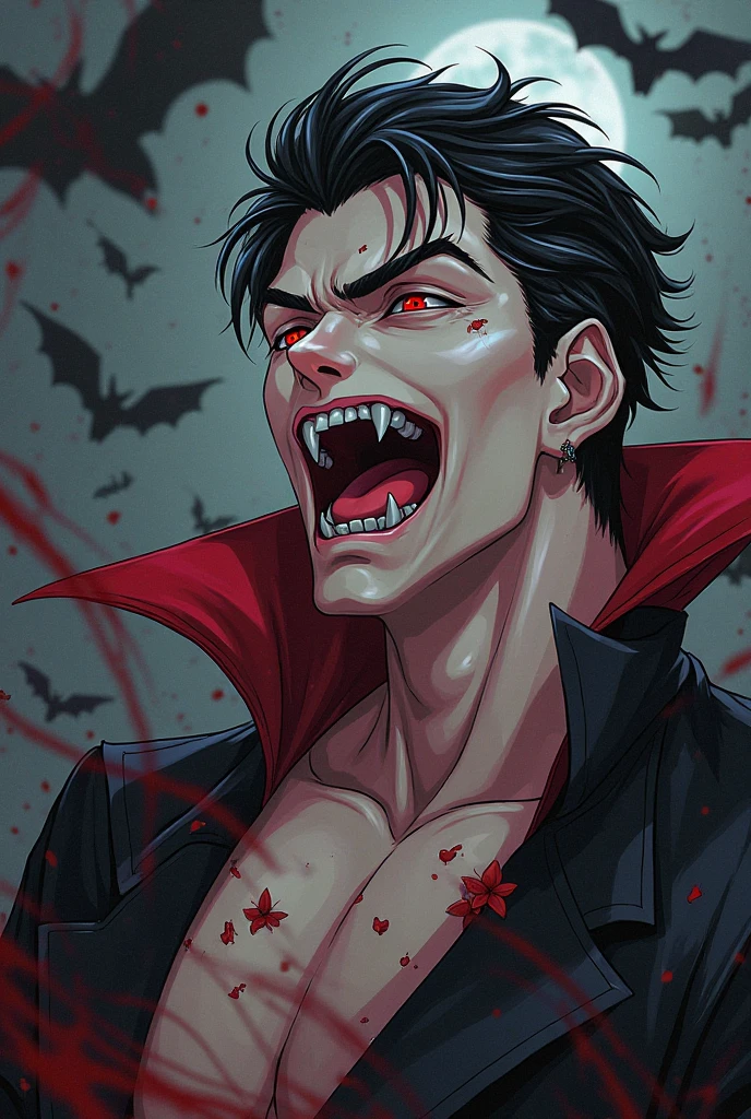 Anime male vampire，Fangs，red pupil，Eight major muscle reflexes - SeaArt AI
