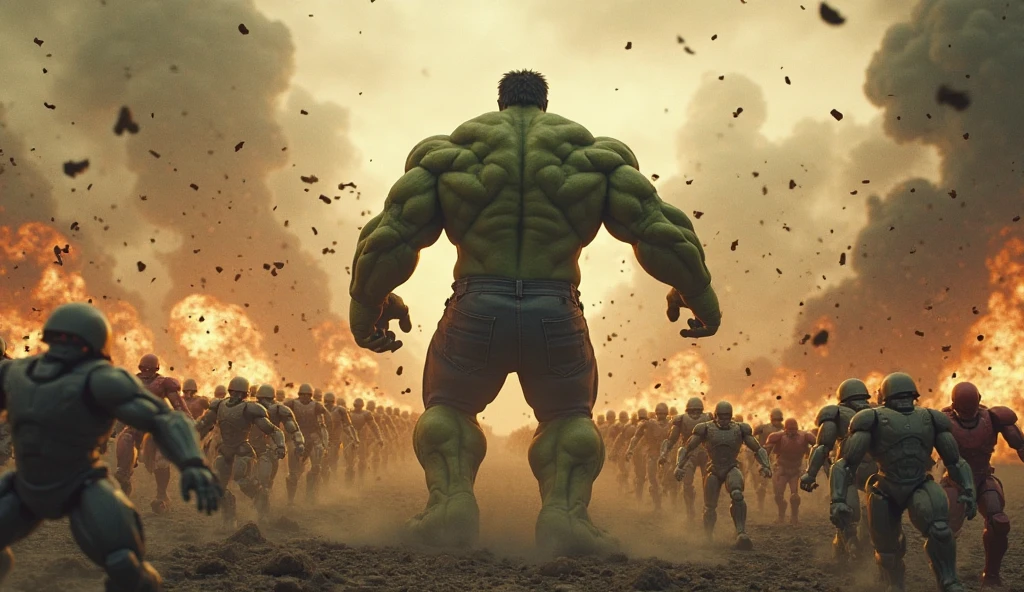 A powerful over-the-shoulder cinematic shot of Hulk standing tall with ...