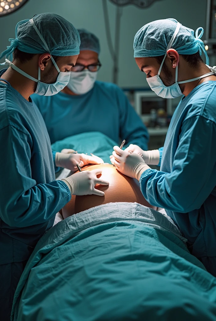 A surgical room with surgeons operating on a pregnant black skin belly ...
