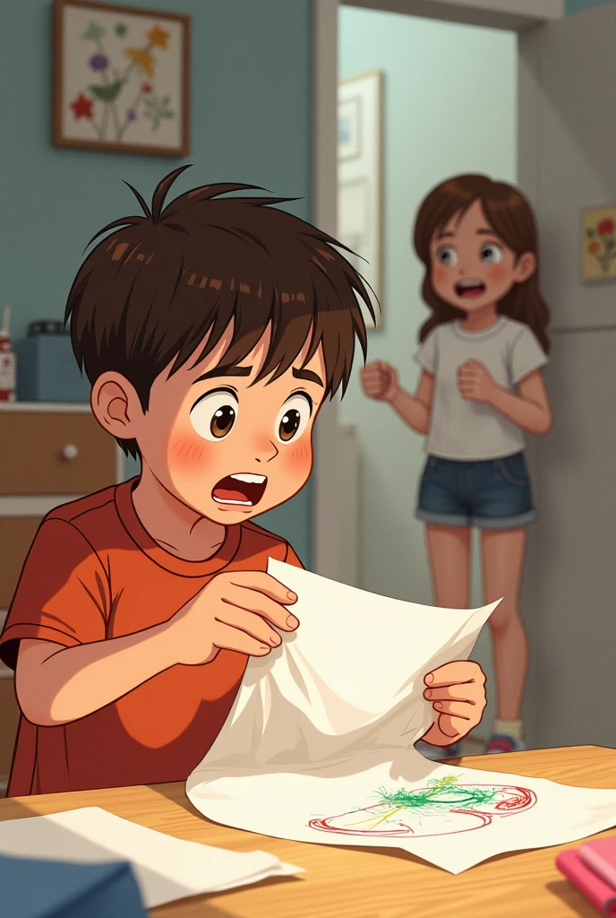 sitting on table crumpling sisters drawing, sister in shock staning up ...