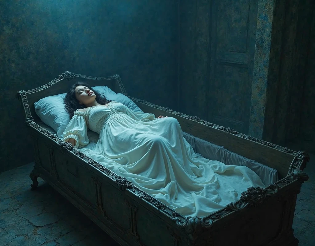 A very beautiful and old coffin from a high angle A beautiful girl in a ...