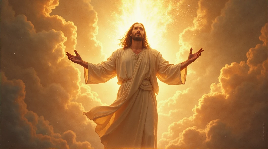 Jesus standing with outstretched hands, a burst of light symbolizing ...