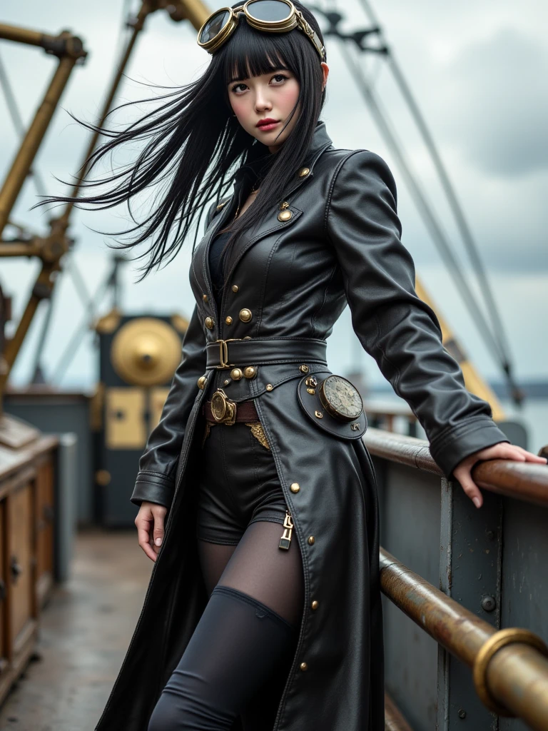 A realistic female steampunk airship captain standing on a metal deck ...