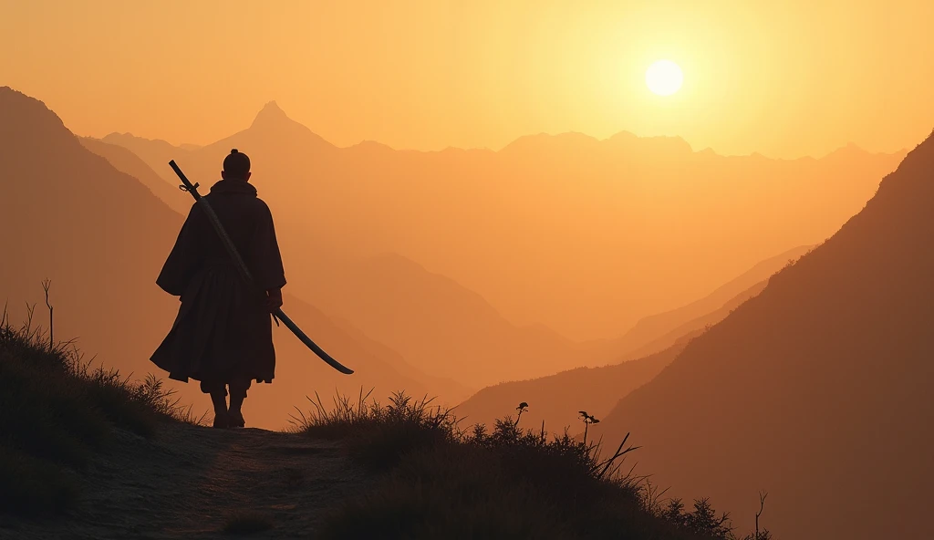 "A lone samurai walking away into the horizon at sunset, katana on his ...