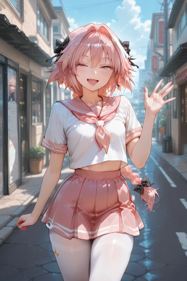 Astolfo, white shirt with pink collar, pink skirt with white stripe ...