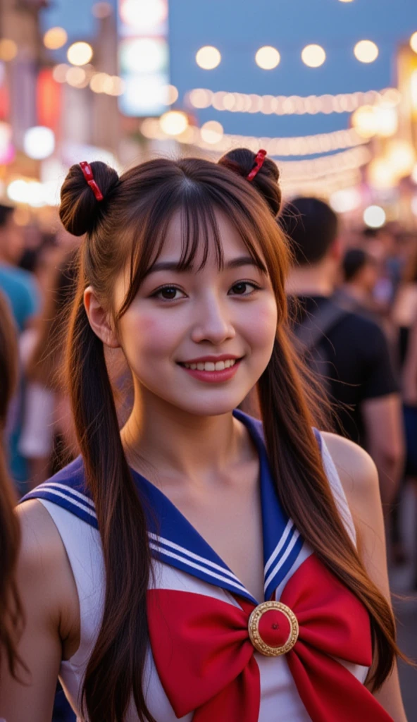 Her chestnut brown hair is styled in Sailor Moon’s twin tails with ...